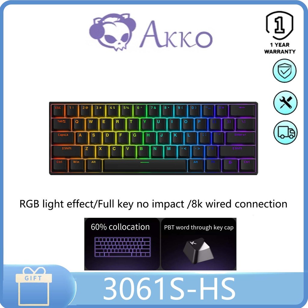Akko 3061S-HE คําสีดําผ่านคีย์บอร์ดเชิงกลแบบมีสาย RGB ผงเชอร์รี่แกน ...