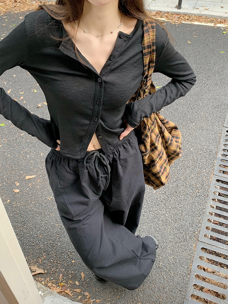 77427 Single-Breasted Long-Sleeved Slim-Fit เสื้อยืด/Simple Drawstr ...
