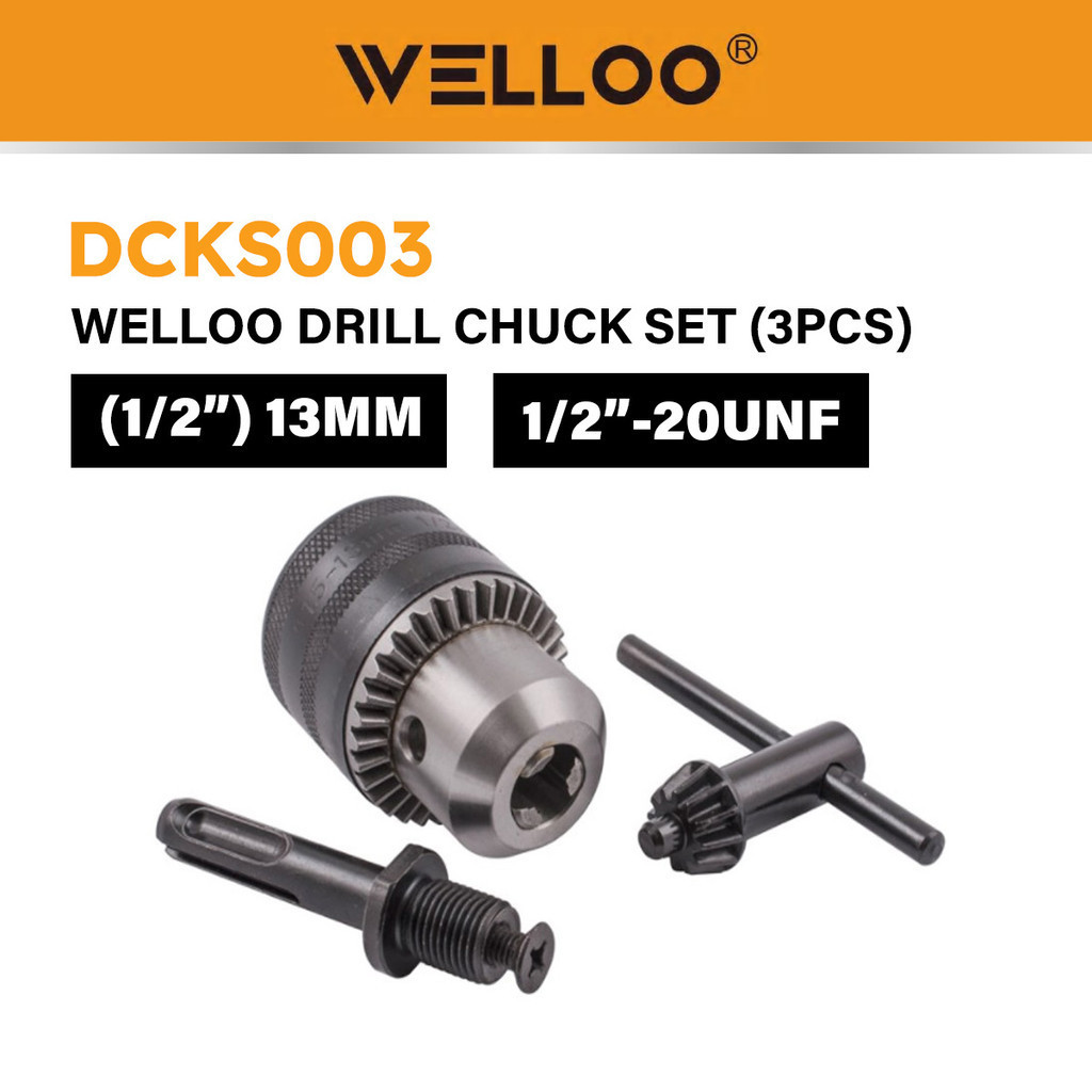 Welloo DRILL CHUCK SET (1/2-20UNF) 13MM (3 ชิ้นชุด) DRILL CHUCK AND KEY ...
