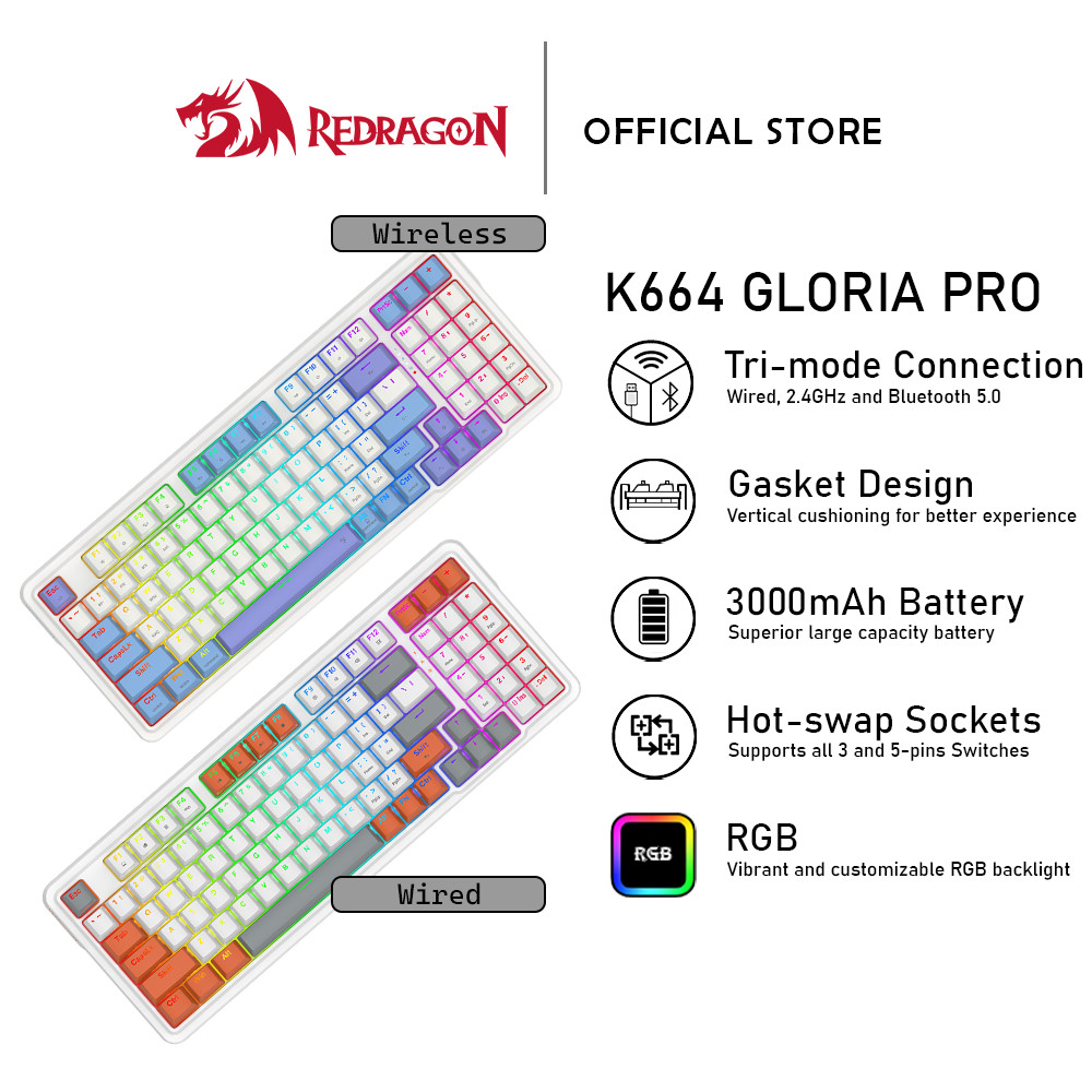 Redragon K664 Gloria PRO ปะเก็น Tri-mode ไร้สาย 94keys คีย์บอร์ดเกมกล ...