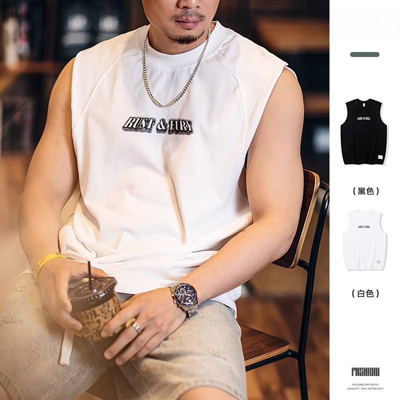 Richell ฝ้ายเสื้อกีฬาผู้ชาย 2025 ฤดูร้อนใหม่ไมโครหลวมสบาย ๆ สไตล์อเมริกันรอบคอแขนกุดเสื้อยืด ...