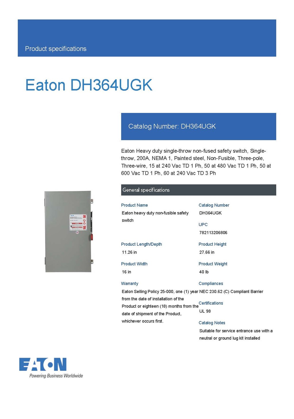 EATON Safety Switches 200A ใช้กับไฟ 3เฟส 4สาย 600V (ไม่รวม Solid ...