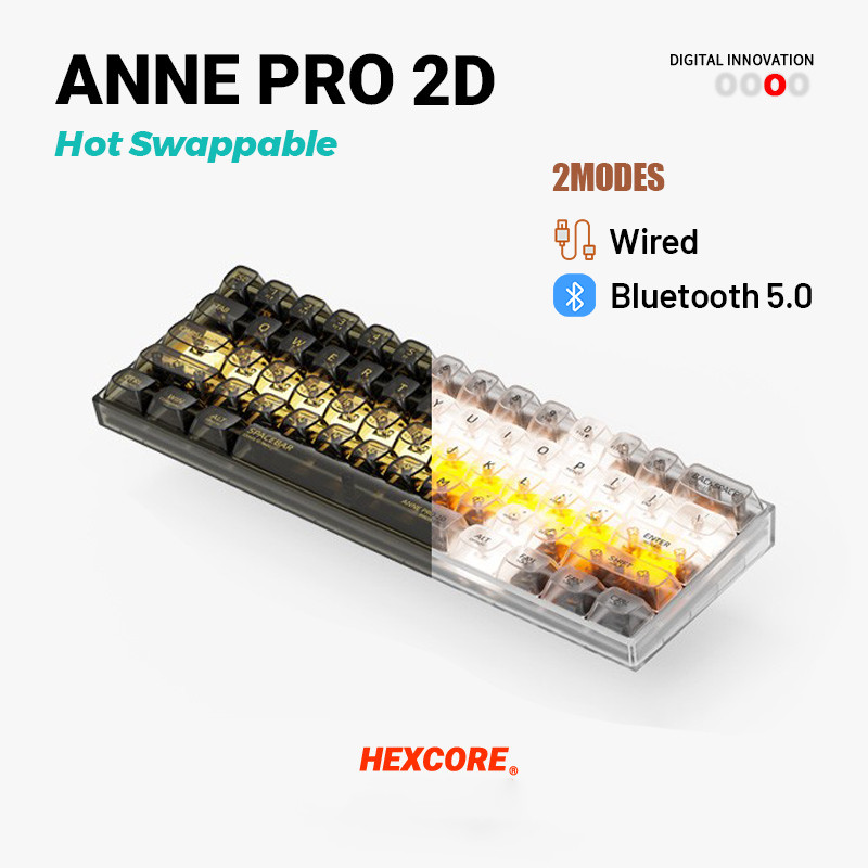 Hexcore Anne PRO 2D คีย์บอร์ดเมคคานิคอล 60% เชื่อมต่อบลูทูธ มีสาย ไฟแบ็คไลท์ RGB เปลี่ยนได้ 61 ...