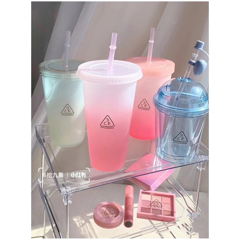 3ce สีฟ้าสีชมพู Love ถ้วยน้ํา Xicha Co-Branded ถ้วยเครื่องดื่มเย็นถ้วย ...