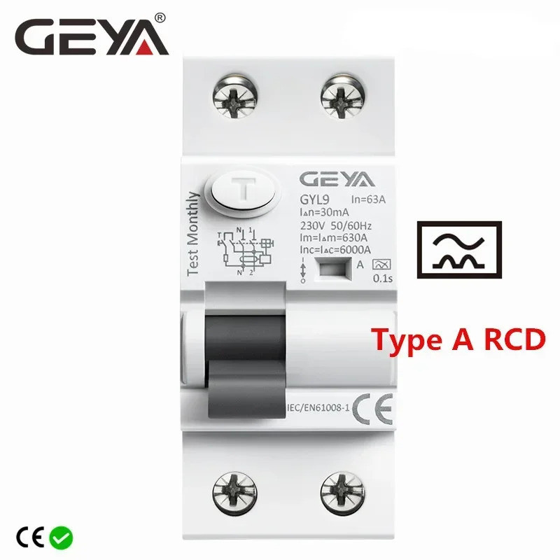 Geya ประเภท A RCD แม่เหล็กไฟฟ้า Residual Current Circuit Breaker AC ELCB 2 เสา 40A 63A 30mA ...