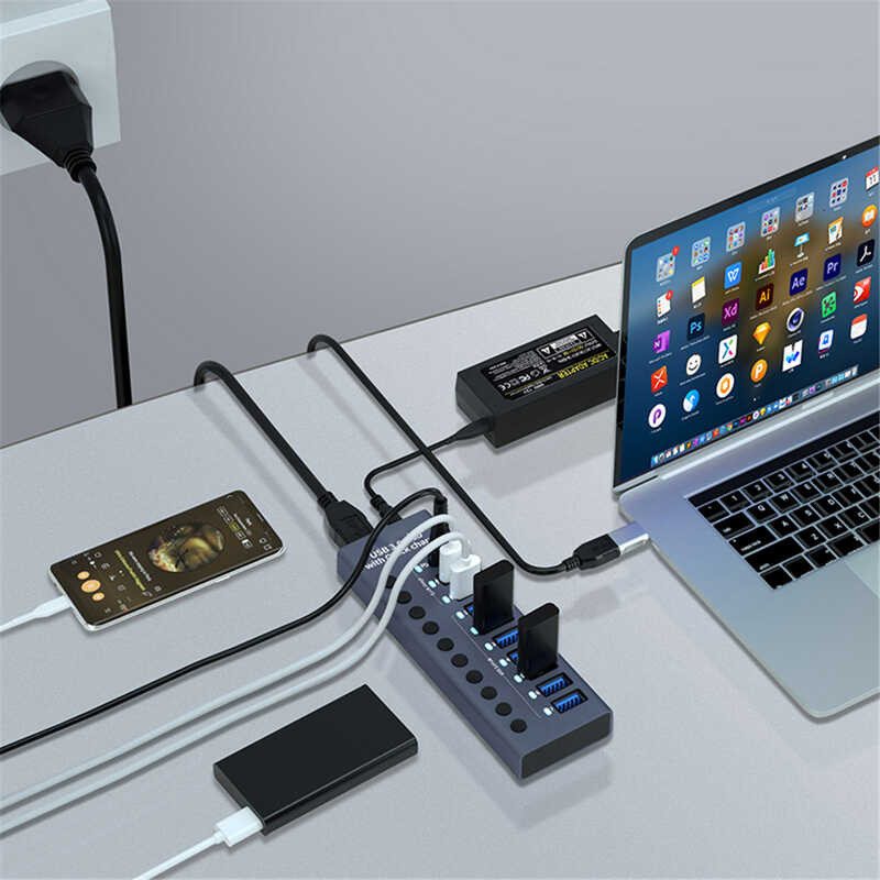 USB 3.0 ฮับ Socket Switch 10 พอร์ต Concentrator Tap Multi Port ...