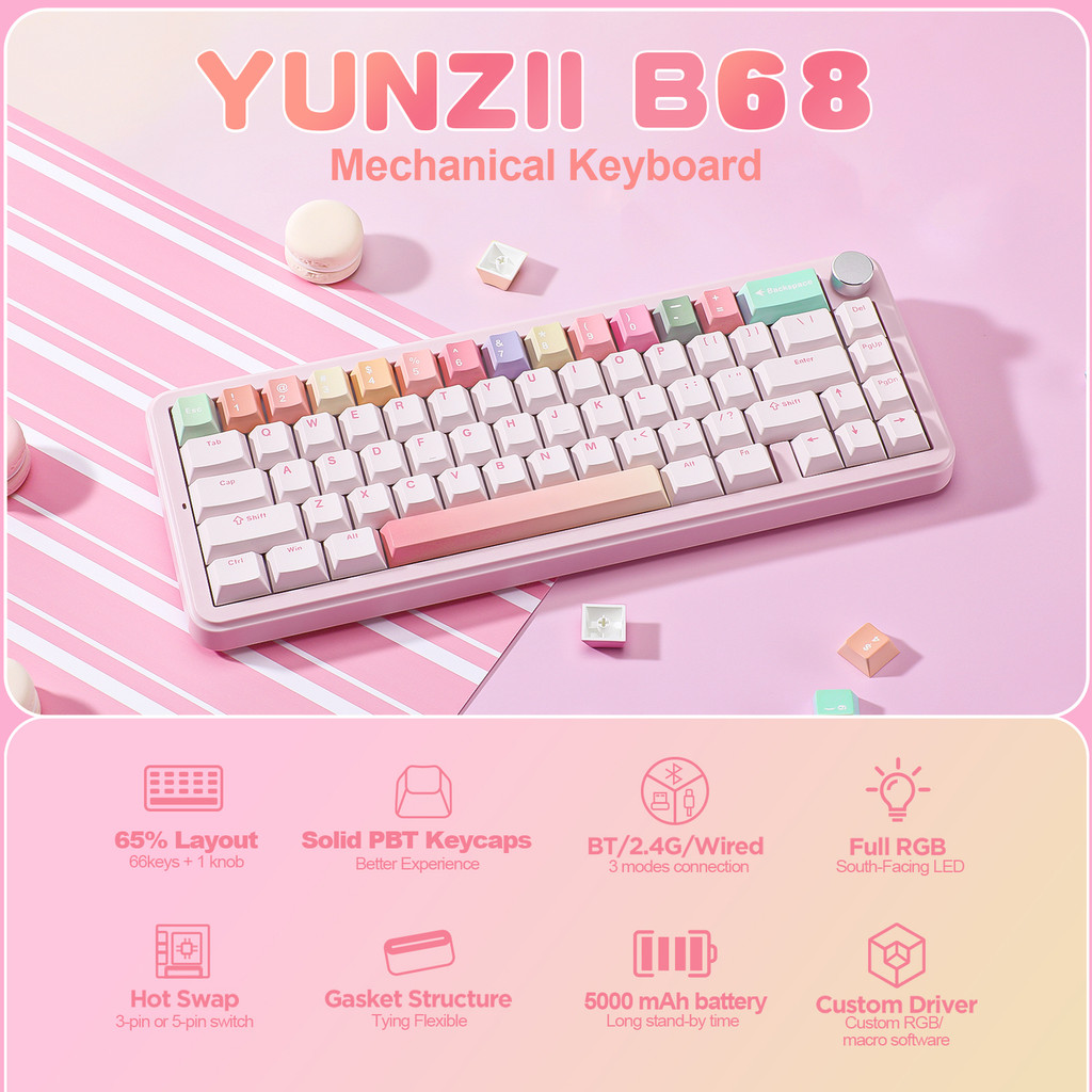 คีย์บอร์ดสำหรับเล่นเกมไร้สายสีชมพู Yunzii B68คีย์บอร์ดแ | Shopee Thailand