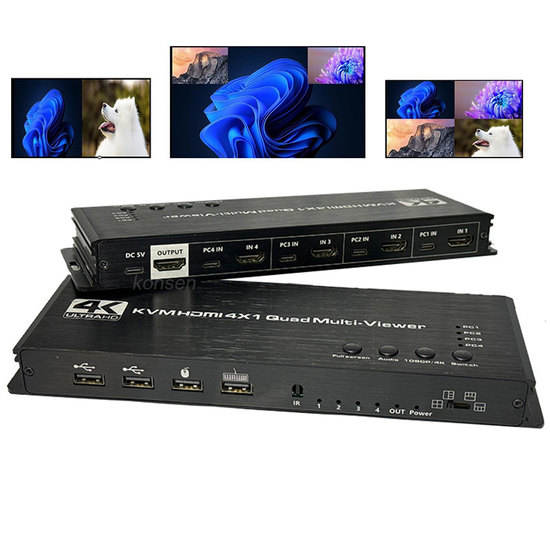 Kvm HDMI Quad Multi Viewer 4 in 1 out HDMI USB Multiviewer สวิตช์ไม่มีรอยต่อ 4x1 รองรับ 4 แล็ปท็ ...