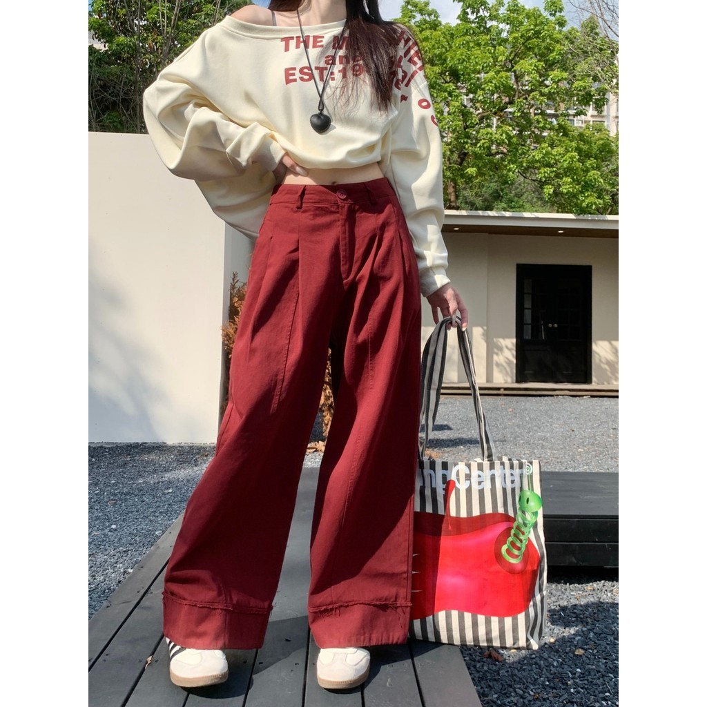 78235 กางเกงลําลองทรงตรงสีแดงระดับไฮเอนด์อินเทรนด์ | Shopee Thailand