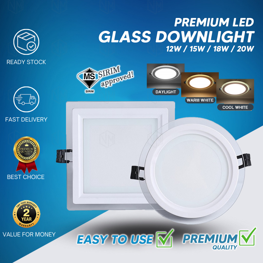 Siimm LED Glass Downlight 12W 15W 18W 20W Down Light Siling เพดานรอบไฟห้องสแควร์ Lampu Rumah สี ...
