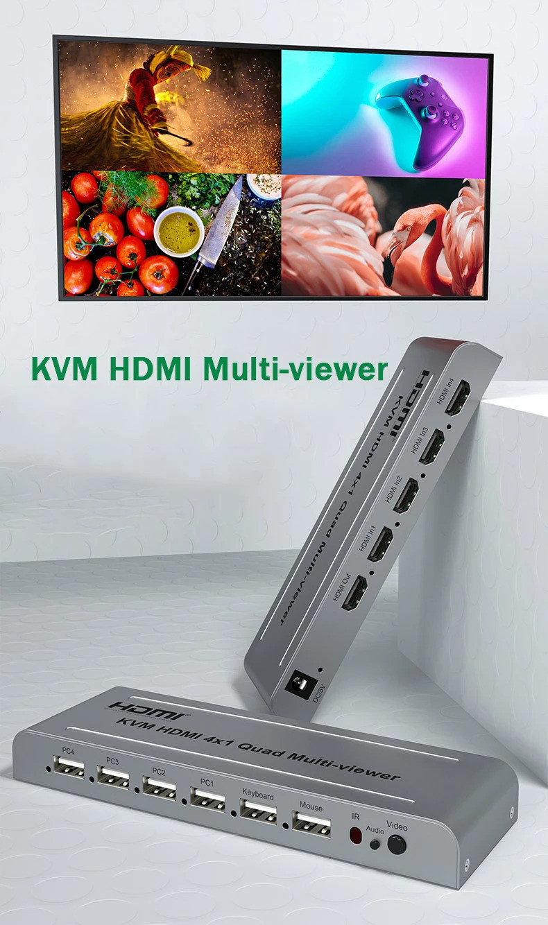 HDMI KVM สวิทช์ 4x1 Quad Multi Viewer 4 in 1 Out KVM HDMI โปรเซสเซอร์หน้าจอ Multiviewer ไม่มี ...