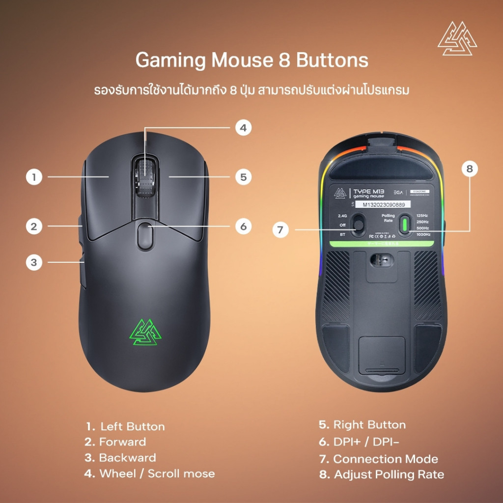 EGA TYPE M13 WIRELESS RGB GAMING MOUSE เมาส์เกมมิ่งไร้สาย รับประกัน 2 ...