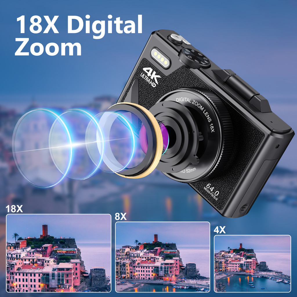กล้องดิจิตอล 64MP สําหรับถ่ายภาพ กล้องวิดีโอ 4K 18X กล้องดิจิตอลซูม 3 ...