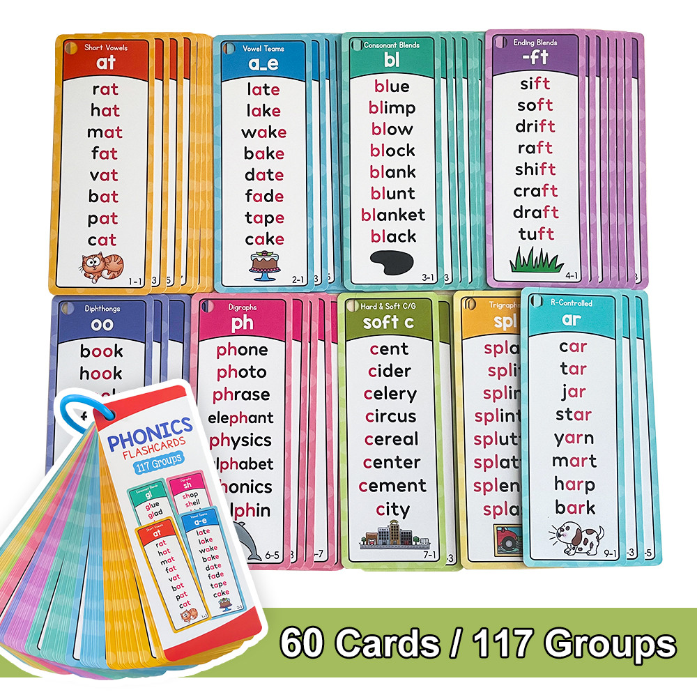 Phonics Flashcards, 117 Phonic Group Sets CVC, Digraph Trigraphs Blends ...