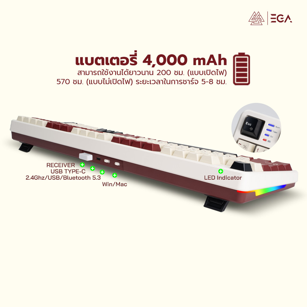 [ประกัน 2 ปี] EGA คีย์บอร์ดเกมมิ่งขนาด100% บลูทูธ ไร้สาย สาย CIY 5 Pin ...