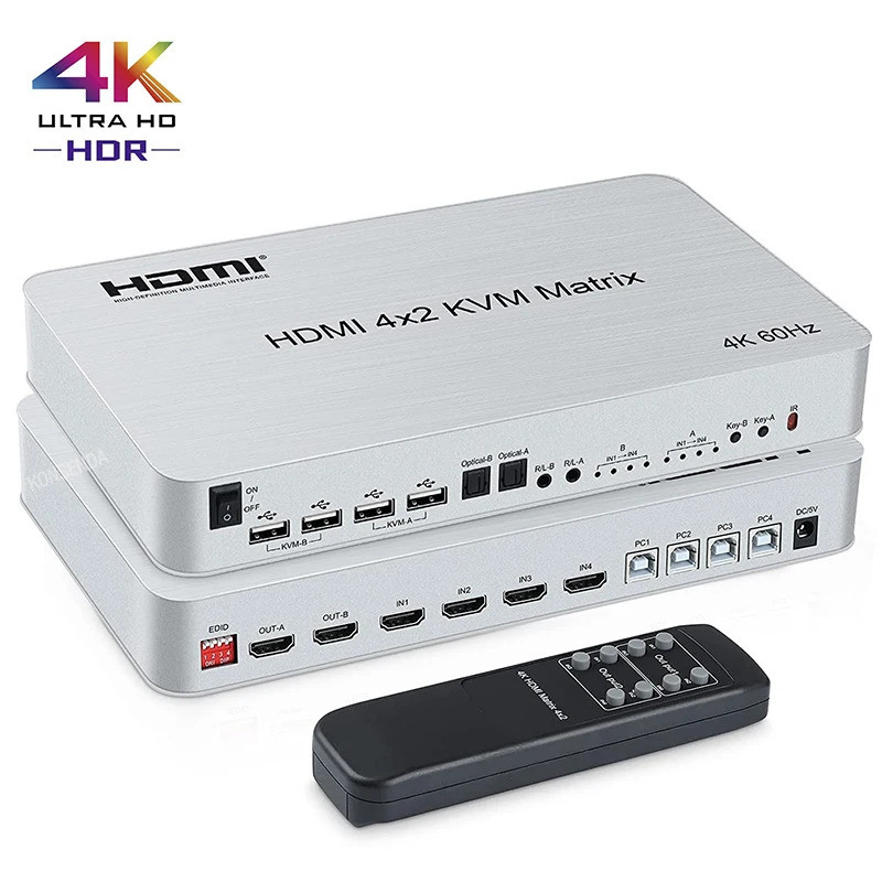 4 พอร์ต USB HDMI KVM Matrix 4x2 Dual Monitor 4K 60Hz HDMI Matrix Switch ...