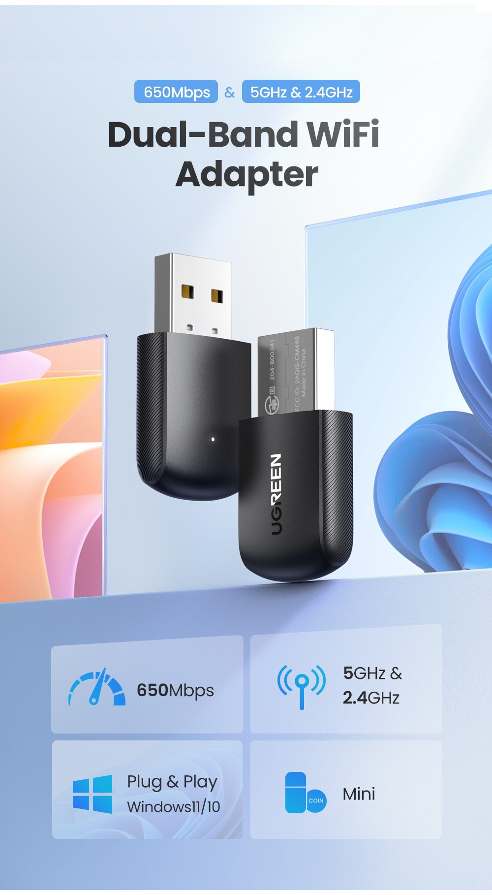 UGREEN รุ่น 20204 AC650 USB WiFi Adapter for Desktop PC 5G 2.4G Dual ...