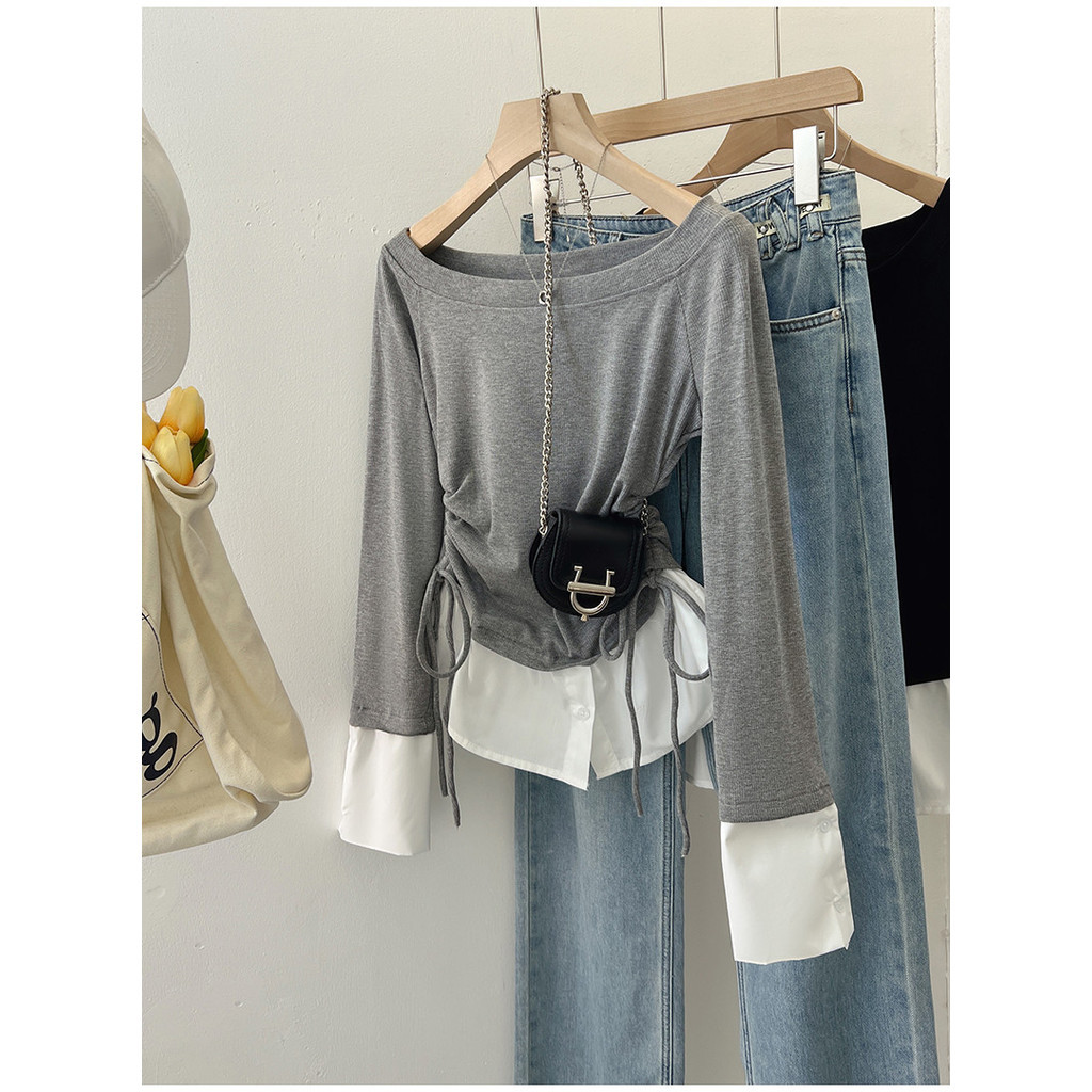77929 แบนคอเย็บ Drawstring เสื้อยืดแขนยาวผู้หญิง | Shopee Thailand