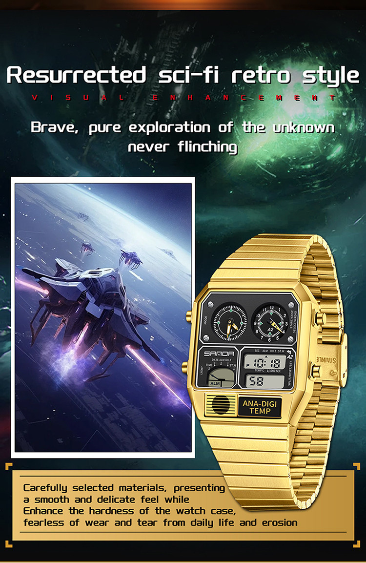 Sanda Retro อินเทรนด์ Punk Dual Display Luminous กันน้ําอิเล็กทรอนิกส์ ...