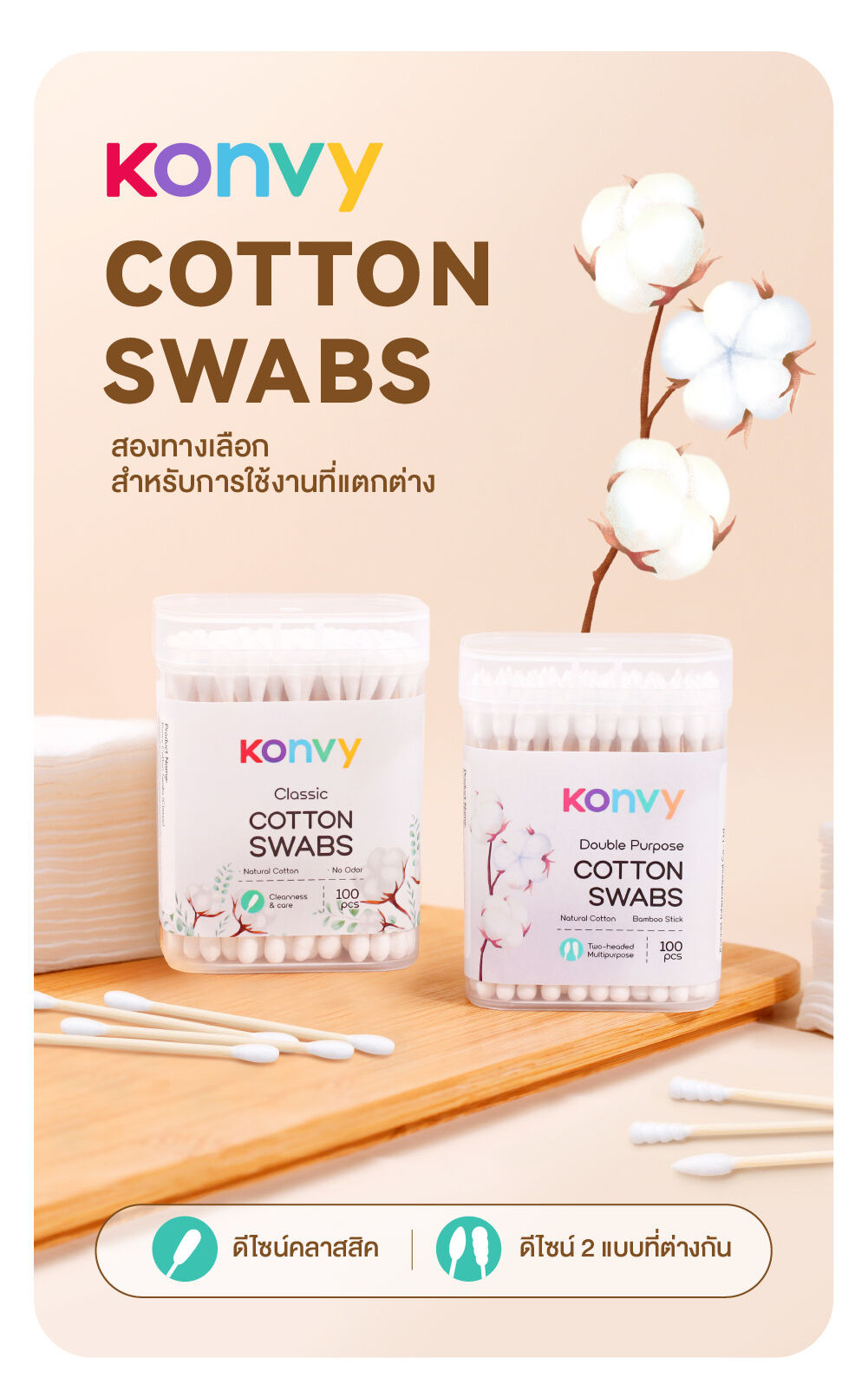 Konvy Cotton Swabs คอนวี่ สำลีแบบก้าน 100pcs (Classic/Double Purpose ...