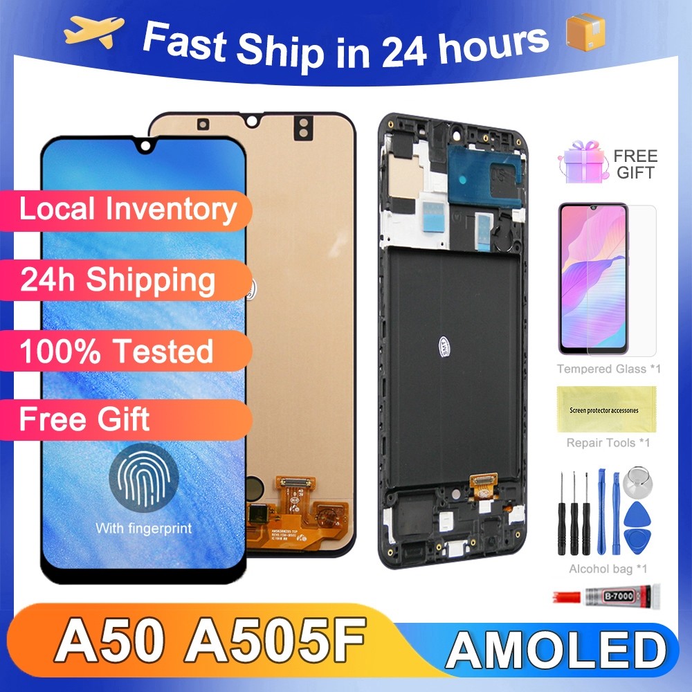 Amoled สําหรับ Samsung Galaxy A50 A505 A50S A507 A30 A305 จอแสดงผล LCD หน้าจอสัมผัสกรอบ ...