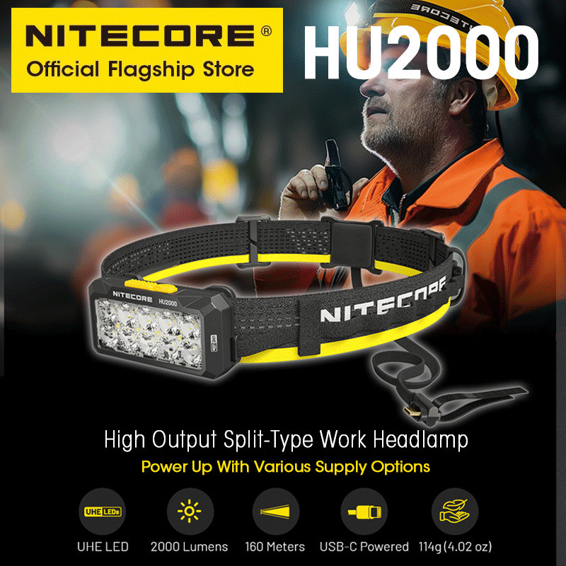 Nitecore HU2000 ไฟหน้าทํางานแบบแยกประเภทเอาต์พุตสูง 2000 Lumens USB-C ชาร์จใหม่ได้ไฟหน้า LED ...