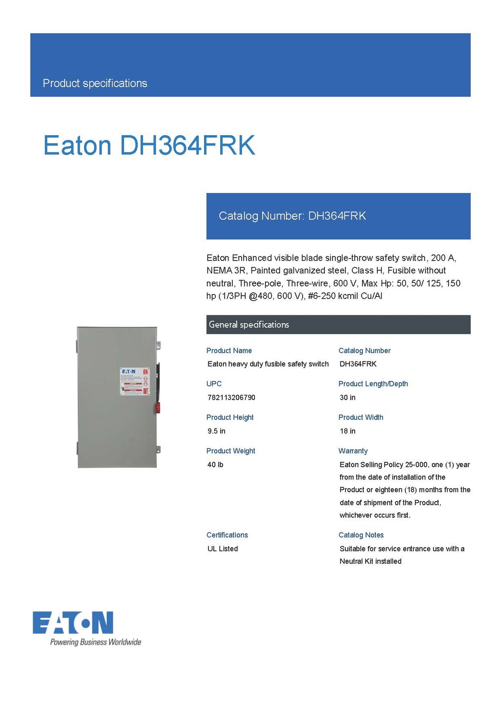 EATON Safety Switches 200A ใช้กับไฟ 3เฟส 4สาย 600V แบบสามารถติดตั้ง ...