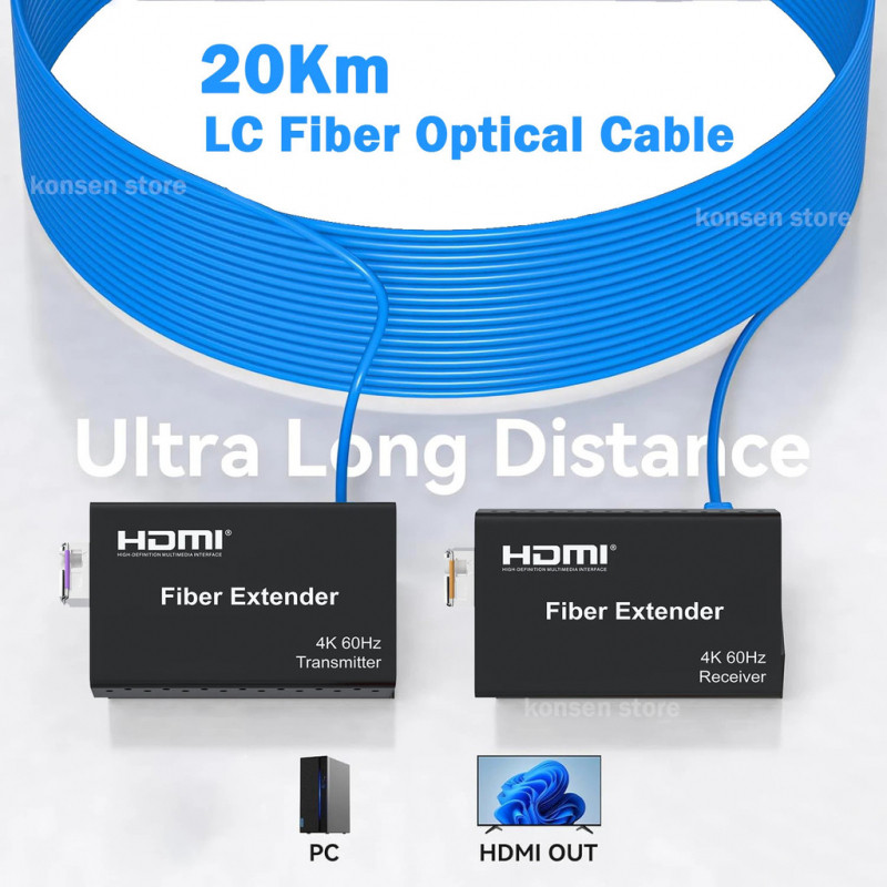 20KM 4K 60Hz HDMI Fiber Extender over LC Fiber Optical Cable HDMI 2.0 ...