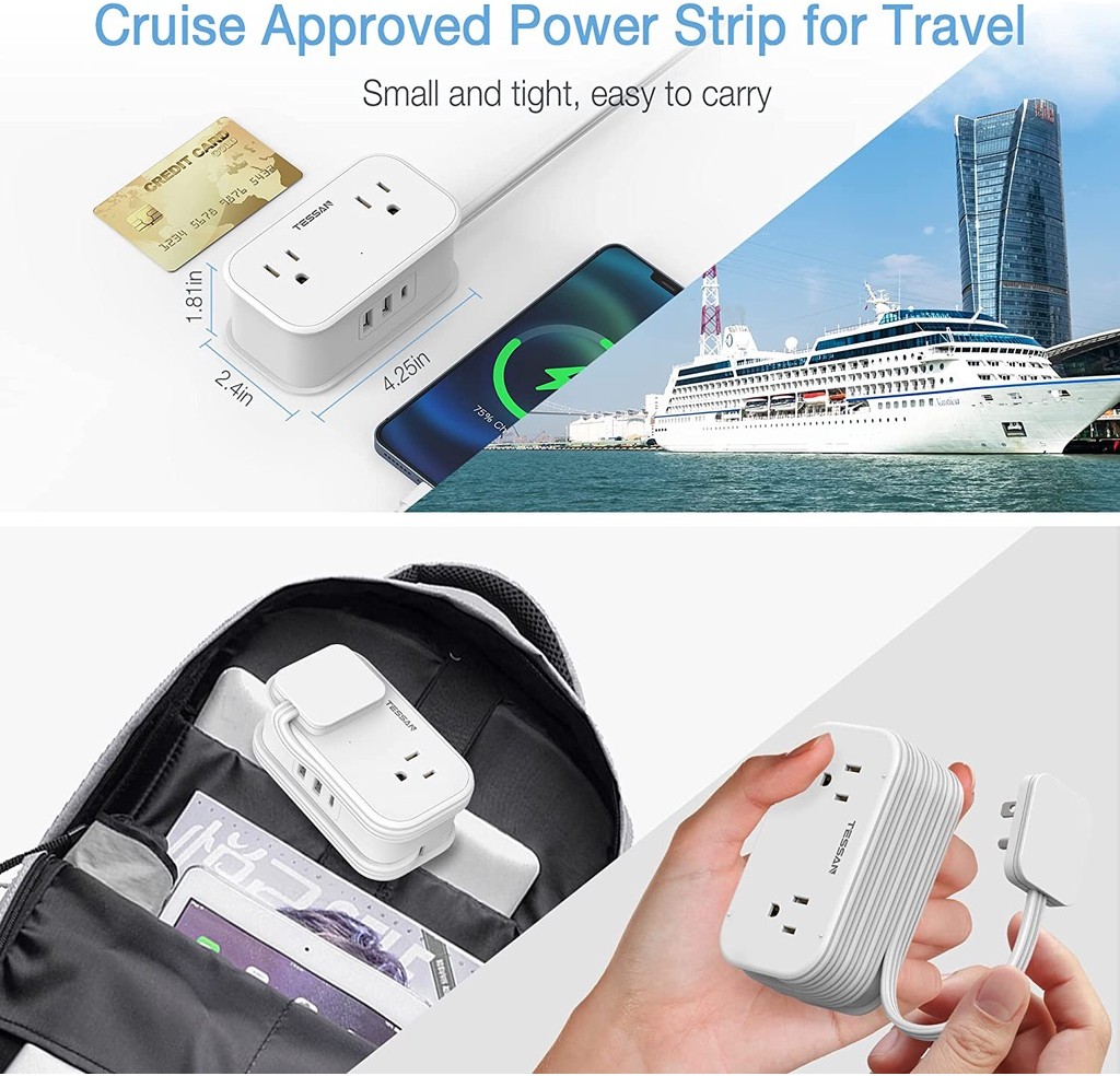 TESSAN ซ็อกเก็ตต่อขยาย แบบบางพิเศษ พร้อม USB Type C อเนกประสงค์ ทนทาน ...