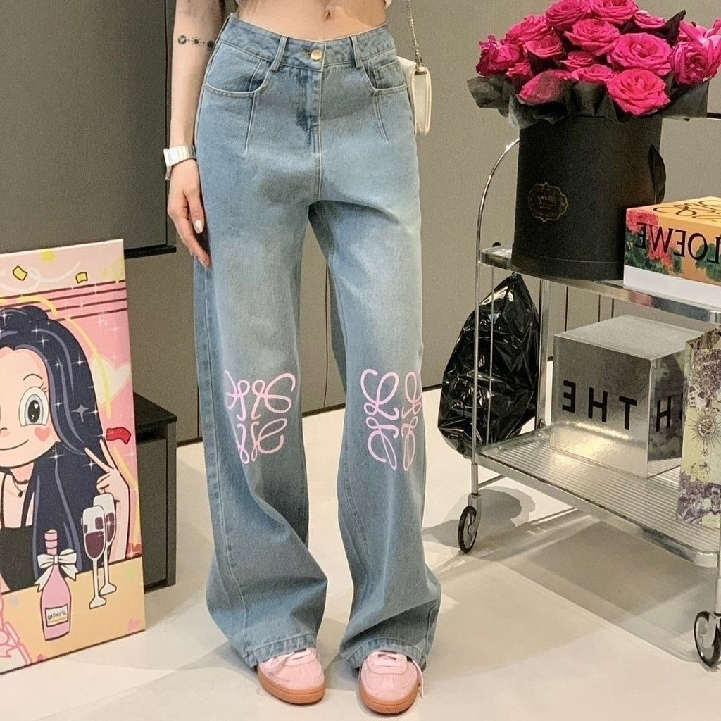 LEW กางเกงยีนส์ผู้หญิงสีชมพูสีฟ้าอ่อนฤดูร้อนแฟชั่นแฟชั่นกางเกงขาตรงหลวม ...