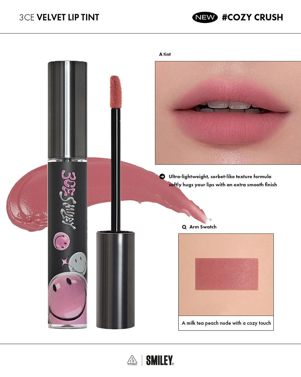 3CE Velvet Lip Tint 4g [Smiley] ทรีซีอี ลิปทินท์เนื้อดูเรียบเนียนดุจกำมะหยี่ คอลเลกชั่น Smiley ...