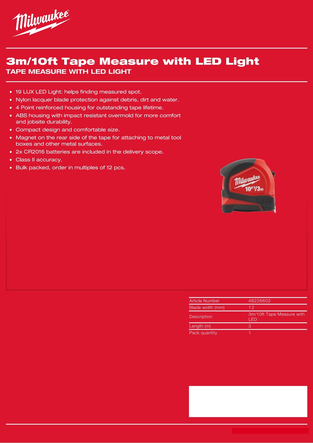 มิลวอกี 48226602 เทปวัด 3 ม./10 ฟุต พร้อมไฟ LED | Shopee Thailand