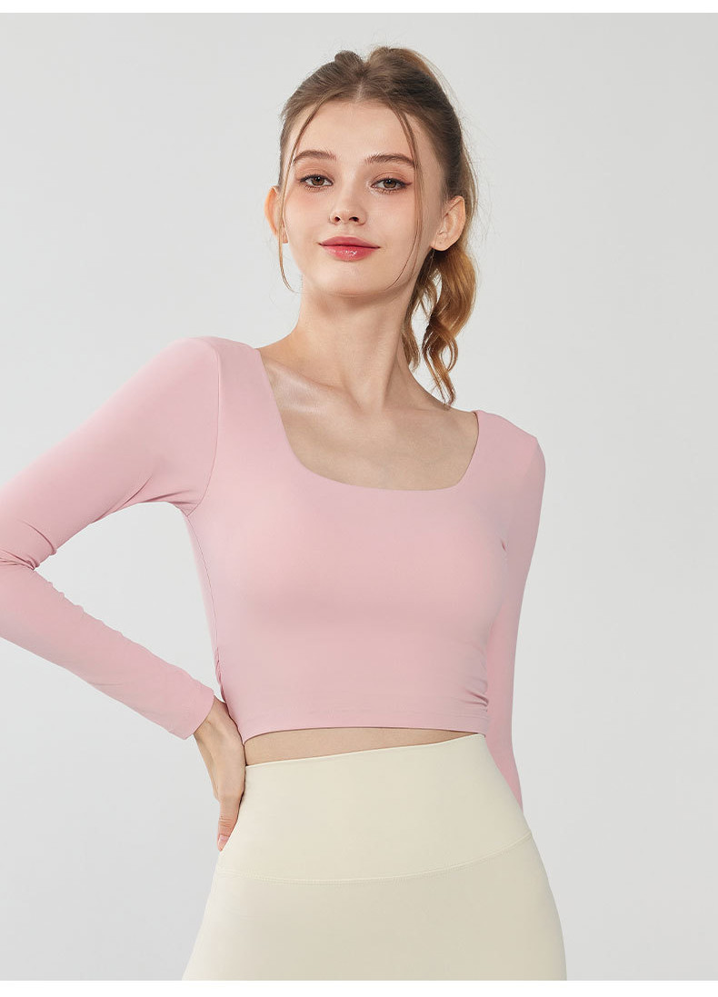 ข้ามโยคะแขนยาวผู้หญิงถ้วยคงที่เปลือยสแควร์คอบางสวมใส่กีฬาเสื้อยืด ...