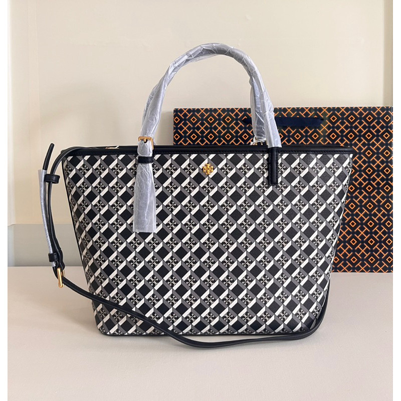 ♞,♘พร้อมส่ง[สด-ผ่อน] Tory Burch Geo Logo Mini Top Zip Tote 143703 yutj ...