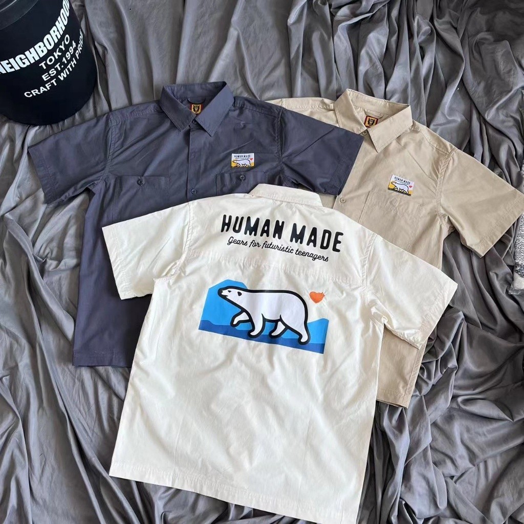 ♞Human MADE เสื้อเชิ้ตแขนสั้น คอปก ทรงหลวม ลายหมีขั้วโลก ขนาดใหญ่ ...