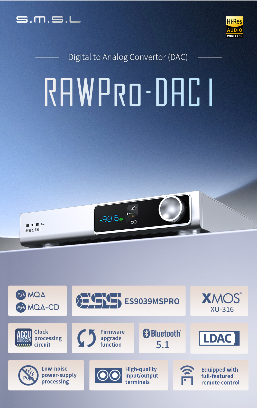 Smsl RAWPro-DAC1 ถอดรหัส MQA MQA-CD ES9039MSPro บลูทูธ 5.1 รองรับ LDAC DSD512 PCM 32Bit/768kHz ...