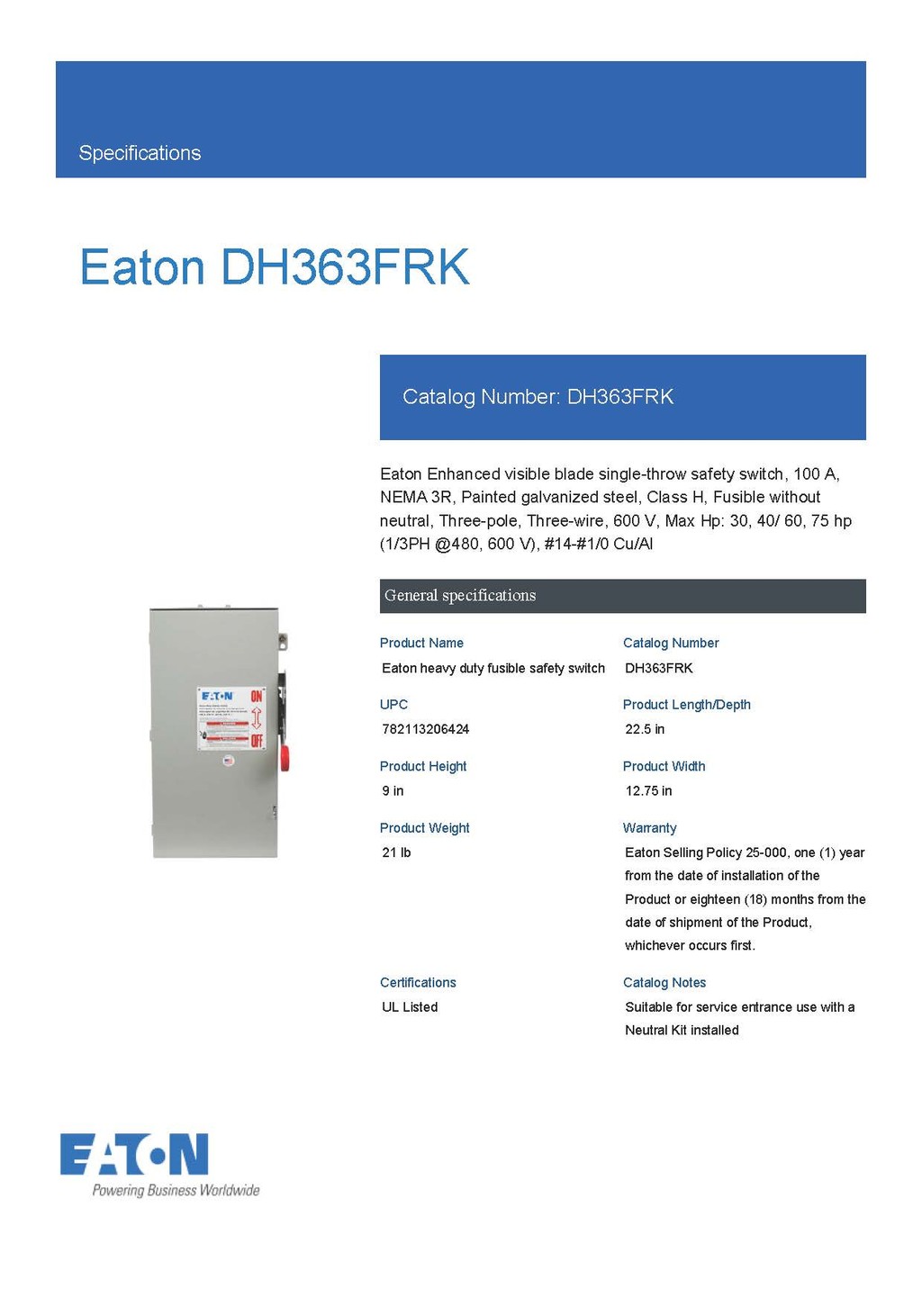 EATON DH363FRK - Safety Switch - 100A ใช้กับไฟ 3เฟส 4สาย 600V (ไม่รวม ...