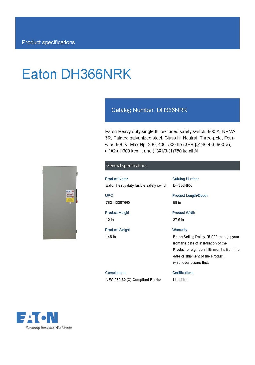 EATON Safety Switches 600A ใช้กับไฟ 3เฟส 4สาย 600V แบบสามารถติดตั้ง ...