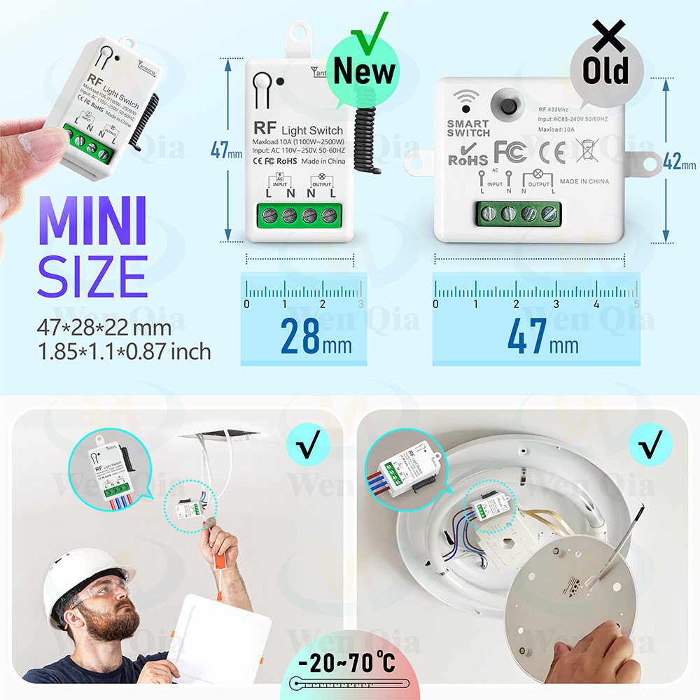 รีโมทคอนโทรลไร้สายสวิตช์ไฟ Mini RF Receiver 110V 220V 10A 433Mhz 500m ...