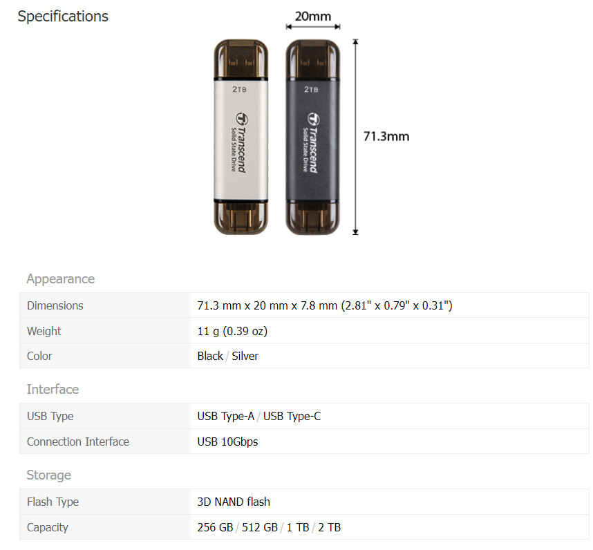 Transcend External SSD smallest ESD310C/ESD310s USB Type A and USB Type ...