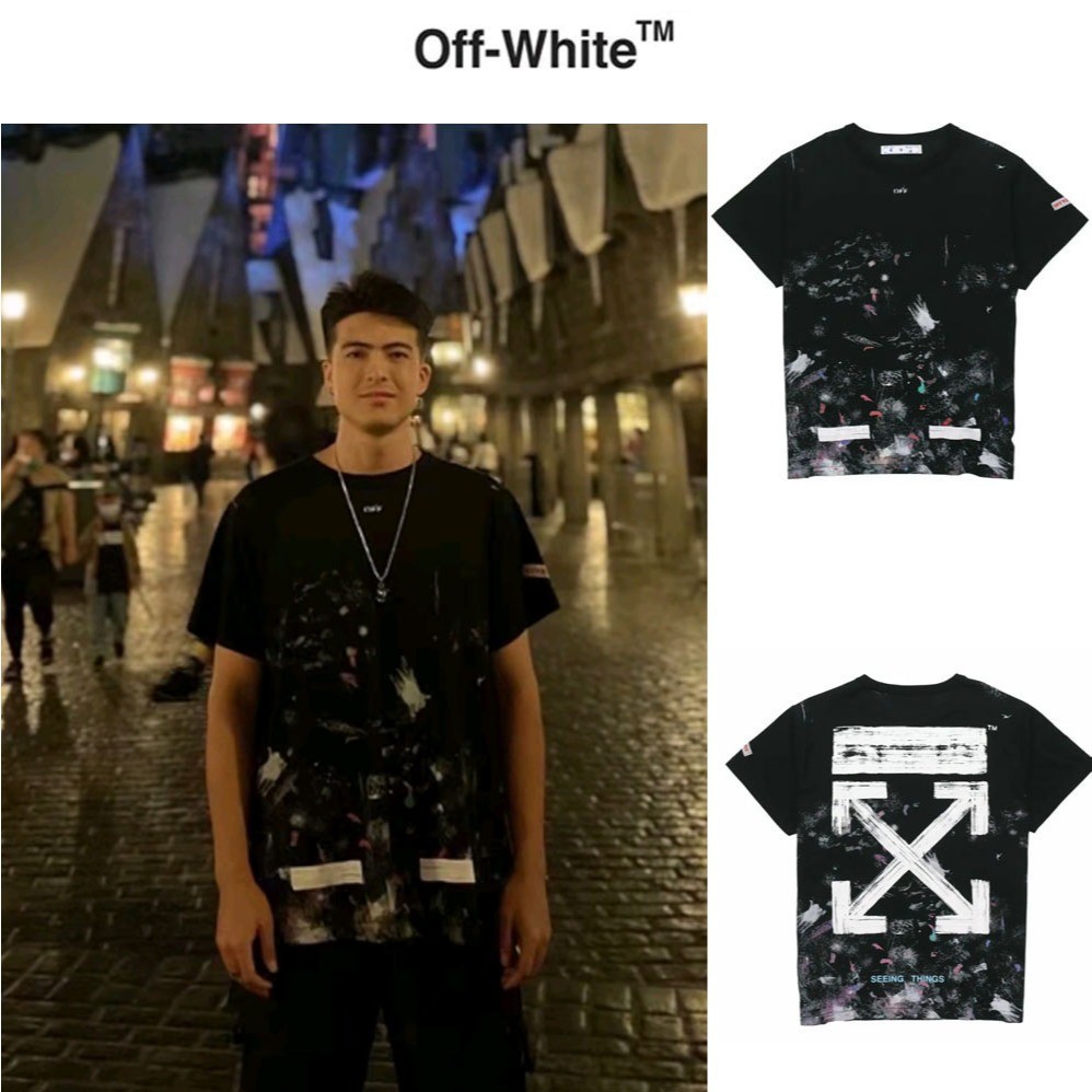 ♞OFF-WHITE แท้ SS20 เสื้อยืดแขนสั้นพิมพ์ลายดอกไม้ไฟและดวงดาวบนท้องฟ้า ...