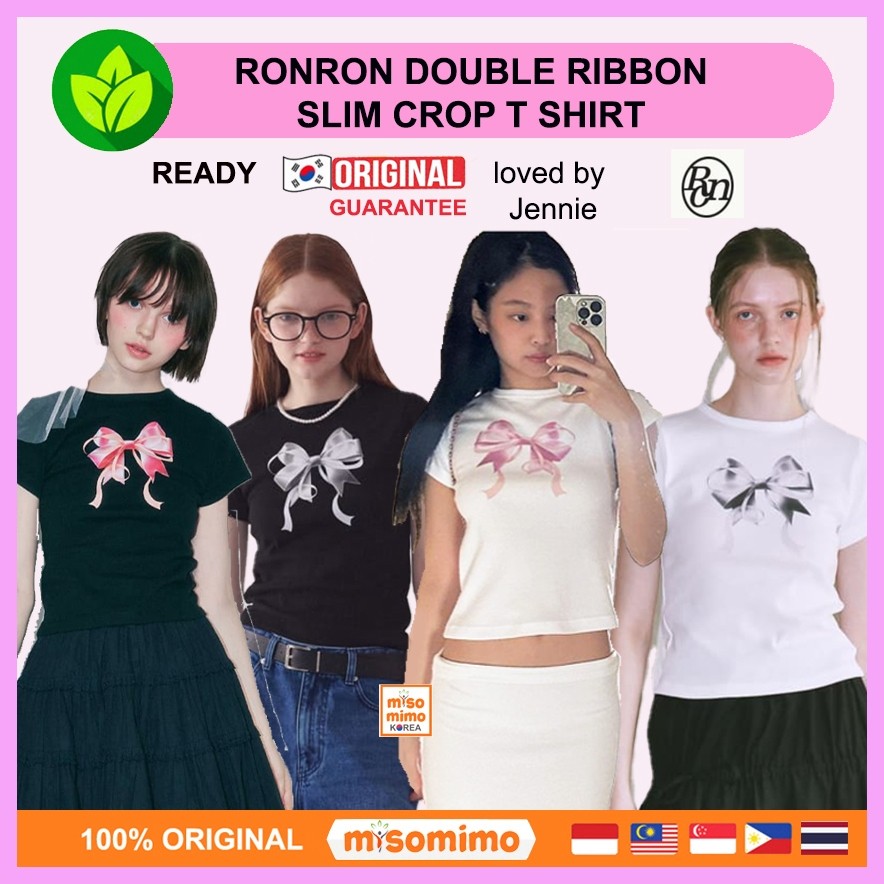 ♞️แท้ / พร้อมส่ง️ Ronron DOUBLE RIBBON SLIM CROP T SHIRT BLACK WHITE ของแท ้ 100 % mnm | Shopee ...