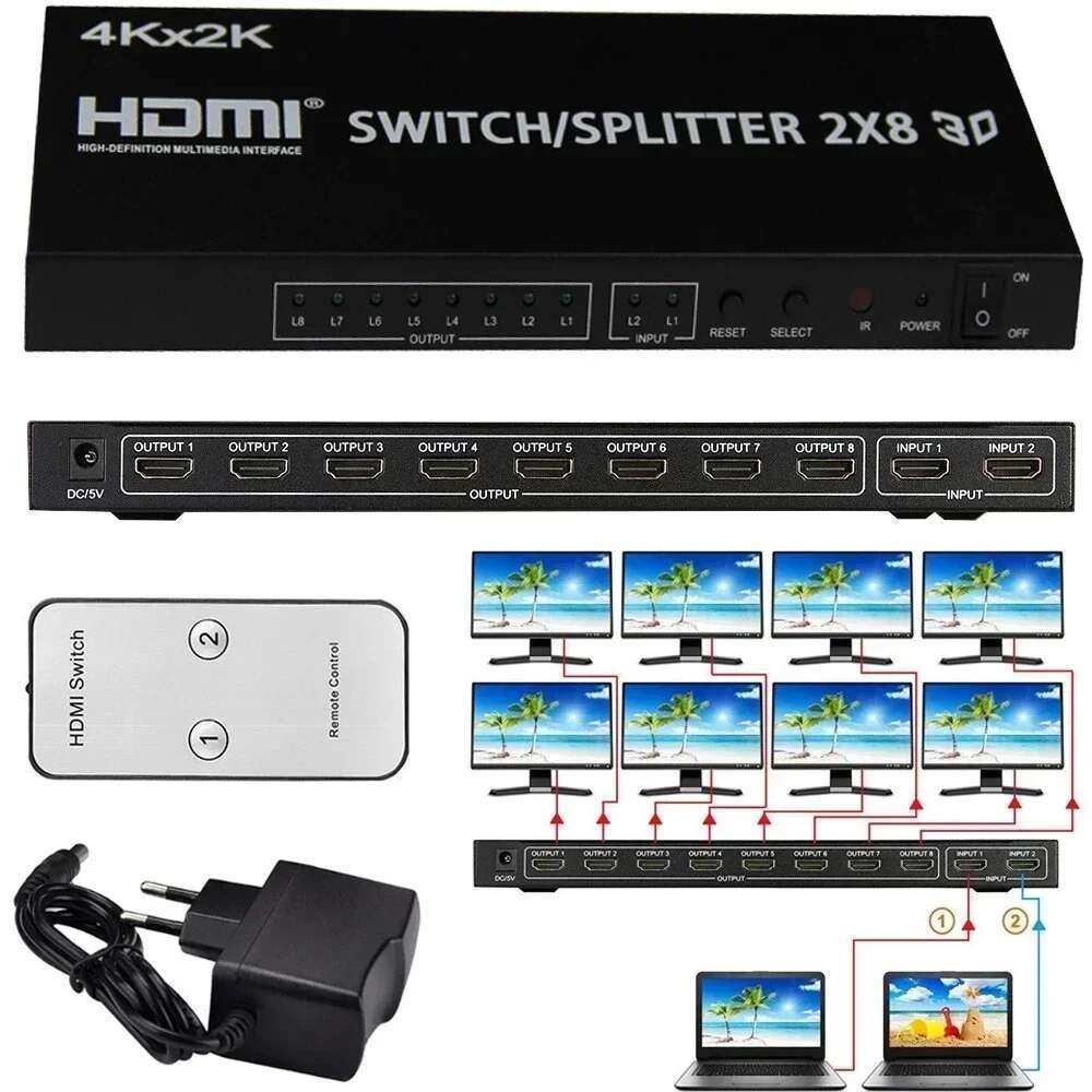 3D 4K 2x8 HDMI Switch Splitter 2x2 2x4 Video Converter 2 In 8 Out ...