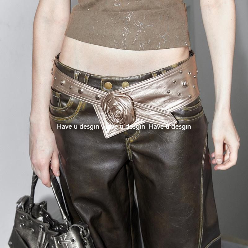 มี u desgin Original Rose Belt Retro Rivet Girdle Y2K Silver Wide Belt ...
