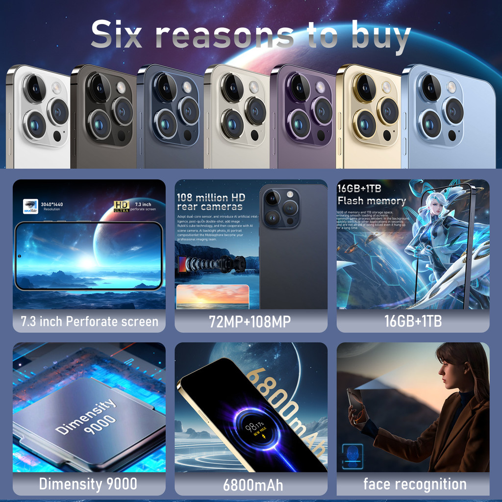 i16 Pro Smartphone 7.3 inch Full Screen 4G 5G Cell Phone 7800mAh Mobile Phones Global Version ...