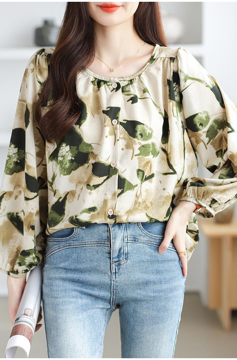 เสื้อชีฟองคอกลมแขนโคมไฟหรูหราพิมพ์ลายพฤกษศาสตร์สวมใส่สบายเหมาะสําหรับ ...