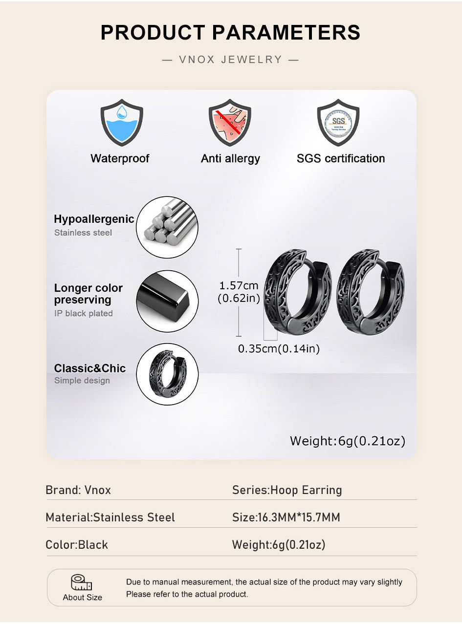 VNOX วีน็อกซ์ ต่างหูห่วงลายวินเทจสําหรับผู้ชายเด็กผู้ชาย,ต่างหูสแตนเลส ...