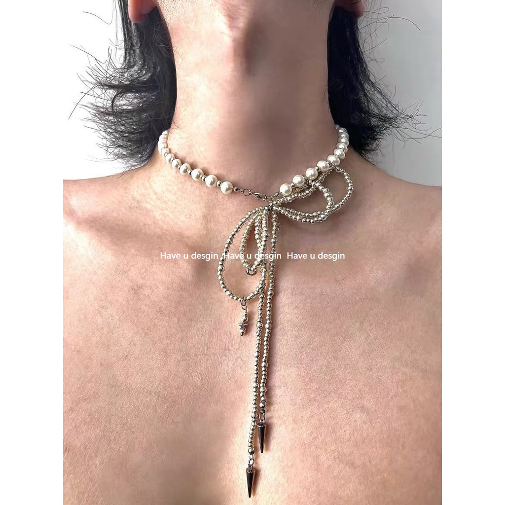 มี u desgin พู่โบว์ Niche Hand-Made Beaded Bow Pearl Necklace Strap ...