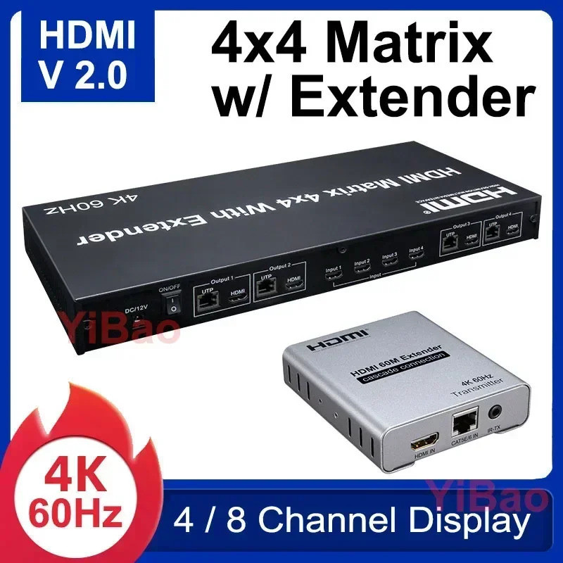 4k 60Hz 4x4 Matrix HDMI 2.0 4x4 HDMI Matrix พร้อม Extender ผ่าน Cat5e Cat6 Rj45 Ethernet Cable ...