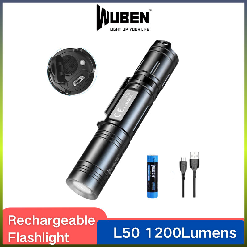 ในสต็อก WUBEN L50 USB ชาร์จ LED Ultra-bright 1200 Lumens 5 โหมดแสงพร้อมไฟฉายแบตเตอรี่ 18650 ...